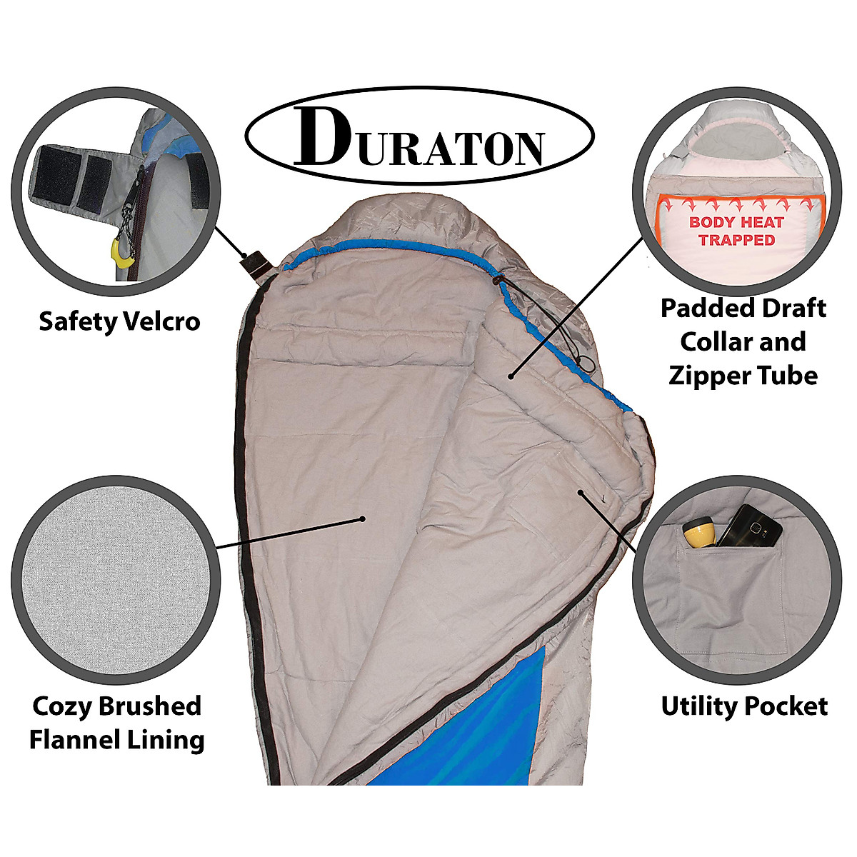 Duraton Mummy Sleeping Bag 20 Degree Weather, Lightweight with Compression Sack for Camping or Backpacking, Warm for Both Adults and Kids (Blue)