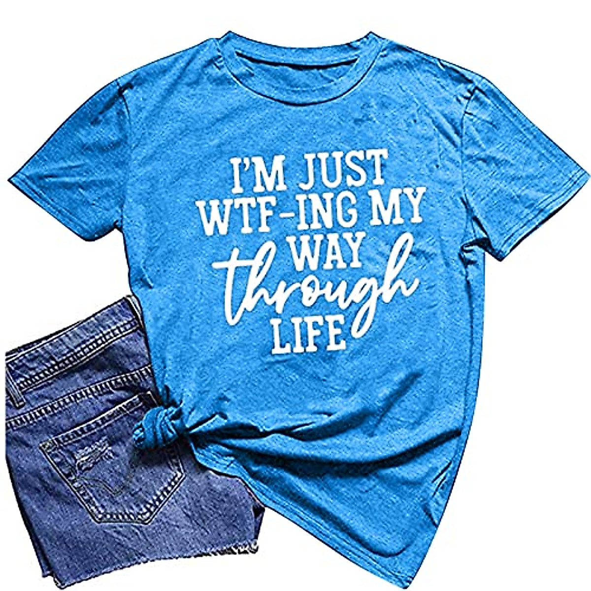 JDHUFEI Women's Crewneck Shirts Summer Plus Size Crewneck Tops Cute Letter Print Short Sleeve Blouse Casual Clothes