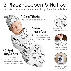 Sweet Jojo Designs Woodland Fox Baby Boy or Girl Cocoon and Beanie Hat Set Jersey Stretch Knit Sleeping Bag for Infant Newborn Nursery Sleep Wrap Sack - Black and White Forest Animal Gender Neutral