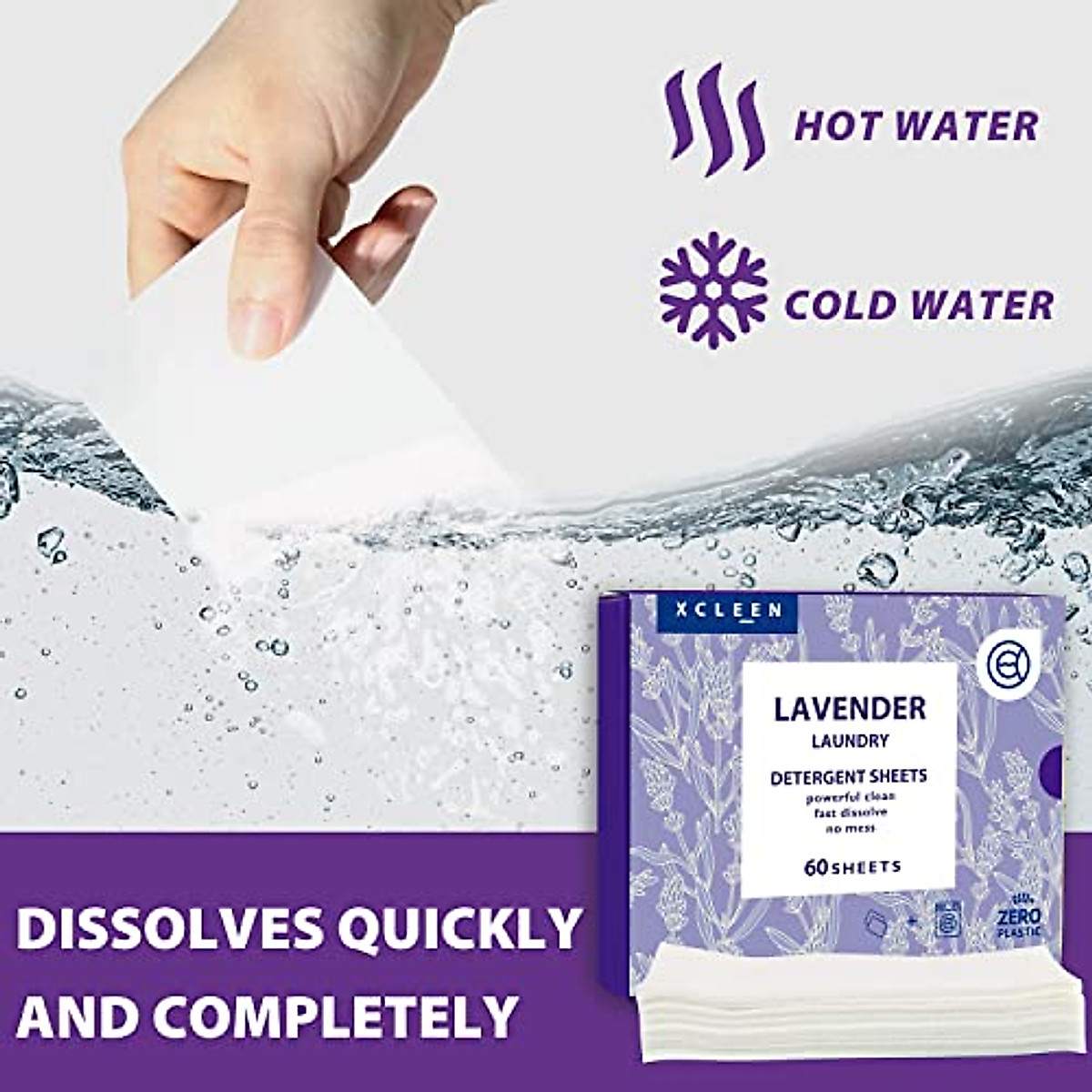 Xcleen Laundry Detergent Sheets Lavender Scent (60 loads), Eco-Friendly, Plastic Free, Biodegradable, Hypoallergenic Laundry Strips for Sensitive Skin, Great for Travel Home and School
