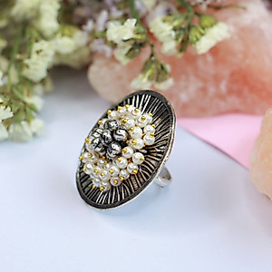 I Jewels Silver Oxidised Indian Wedding Bollywood Ethnic Adjustable Brass Finger Ring Embellished With ghungroo and pearl (Style-2)