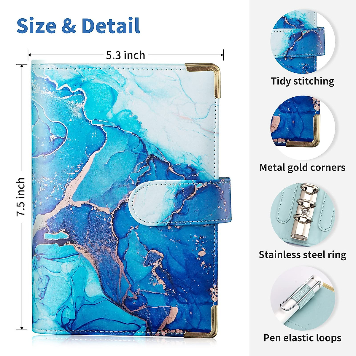 Budget Binder, A6 Marble PU Leather Binder, Money Saving Organizer/ Planner with 8 Zipper Cash Envelopes, 12 Expense Budget Sheets & 2 Letter Label Sticker for Budgeting