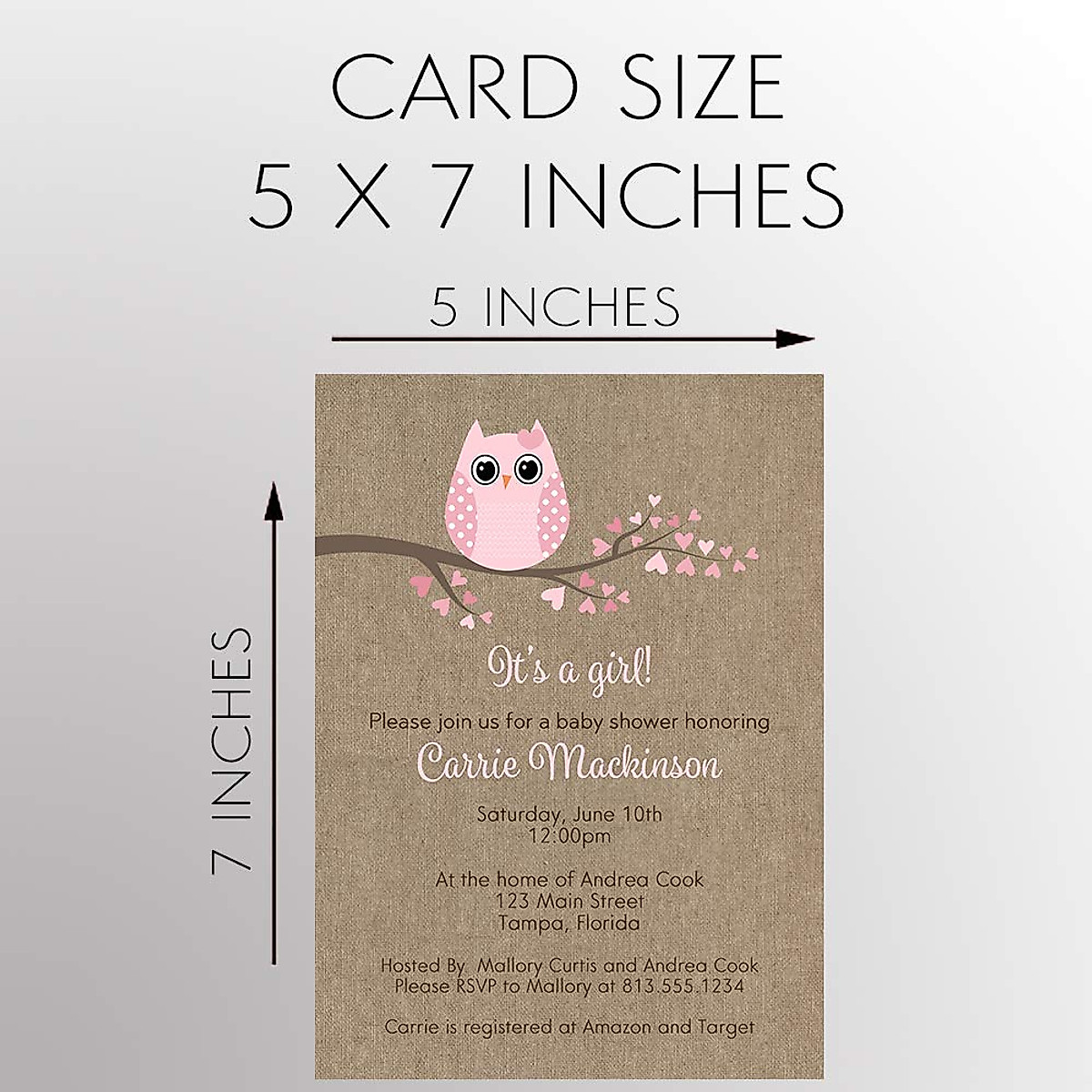 Owl Baby Shower Invitations Baby Girl Pink Burlap Kraft Country Shabby Chic Barn Hoot Custom Printed Invites (12 Count)
