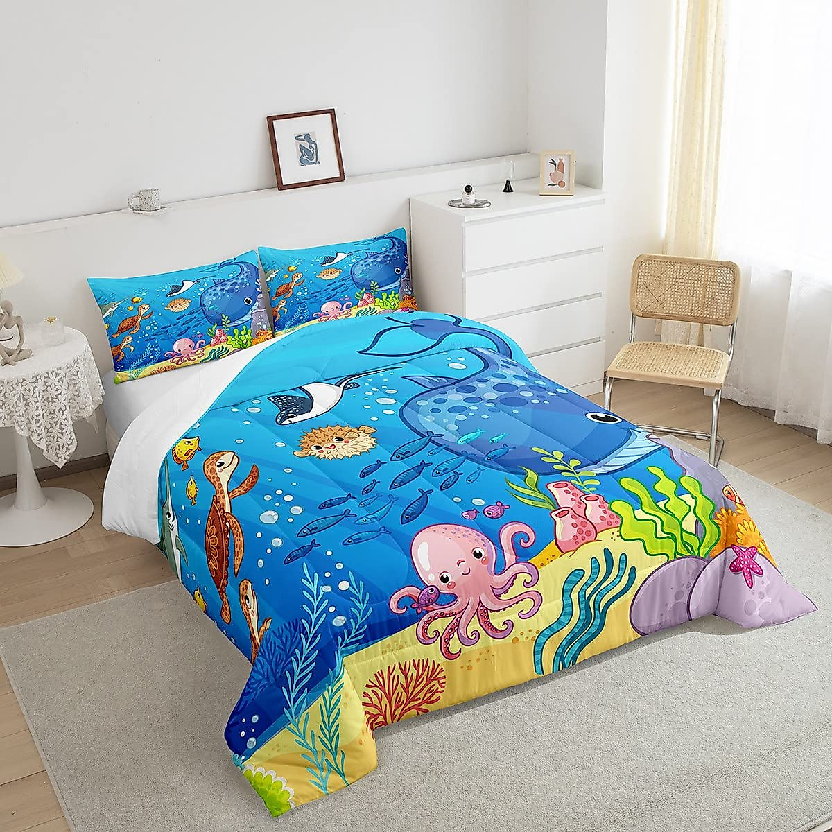 Marine Animals Comforter Set Twin,Shark Octopus Turtle Coral Bedding Set,Underwater World Cartoon Quilt Set 2Pcs for Kids Teens Adults Room Decor,Sea Blue Duvet Insert with 1 Pillowcase
