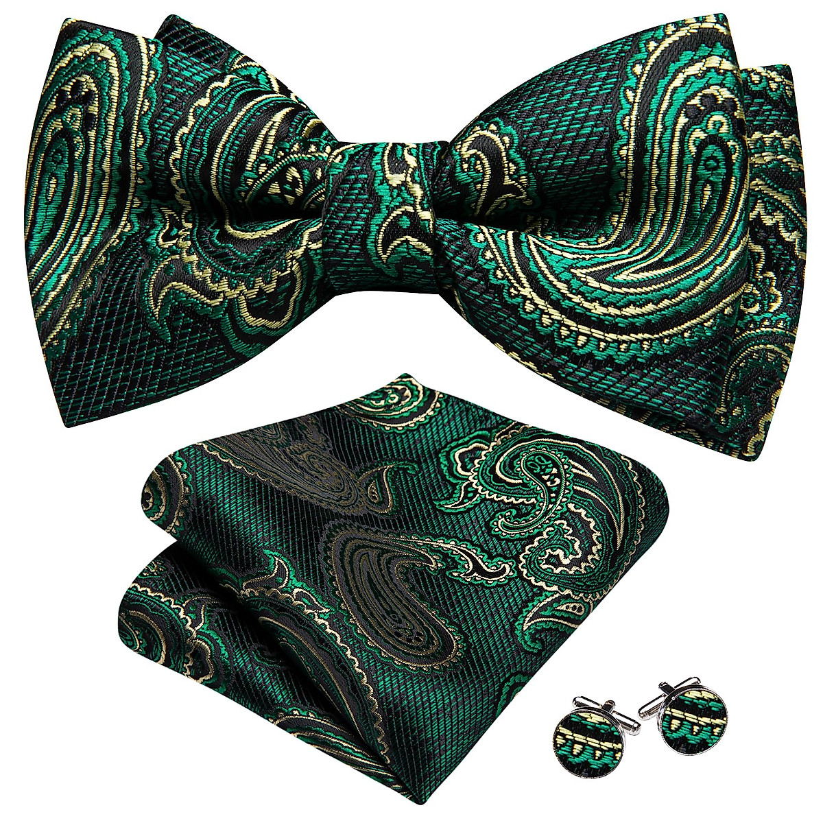 YOHOWA Men Bow Tie Set Paisley Green Gold Silk Pre-Tied Bowtie Shamrock Day Pocket Square Cufflinks Formal Wedding Party Prom