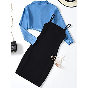 OYOANGLE Girl's 2 Piece Outfit Butterfly Patched Cami Dress with Long Sleeve Button Down Crop Shirt Set Blue and Black 11-12Y