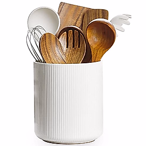 Getstar Utensil Holder, Large Kitchen Utensil Holder for Kitchen Counter (H7.2” x W6.2”), Ceramic Cooking Utensil Holder with Cork Mat, Kitchen Decor for Counter (White, Utensils Not Included)