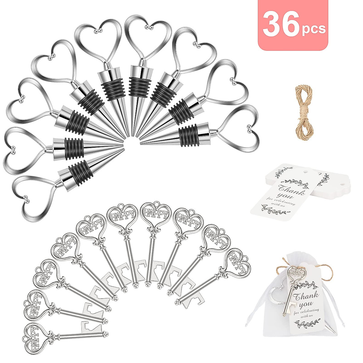 36 Pieces Heart Shape Wine Stopper Wedding Bridal Favor for Guests, with 36 Pieces Wine Bottle Opener, Wedding Favors for Guests