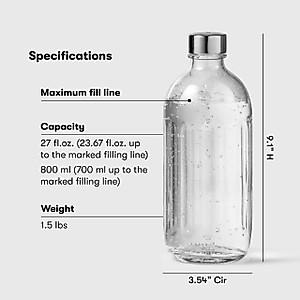 aarke Glass Bottle for Carbonator Pro Sparkling Water Machine, Stainless Steel Cap, Refillable, Dishwasher Safe, Bottle Volume 800 ml