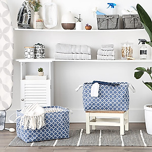 DII Laundry Storage Collection, PE Coated Collapsible Bin with Handles, French Blue Lattice, Extra-Large Set, 12.5x17.5x10.5"