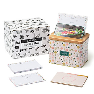 Cabbrix Recipe Box with Cards and Dividers, recipe cards and box set, Wooden Lid with Phone Holder and Card Holder, Decorative Recipe Tin with Gift Box (Pink)