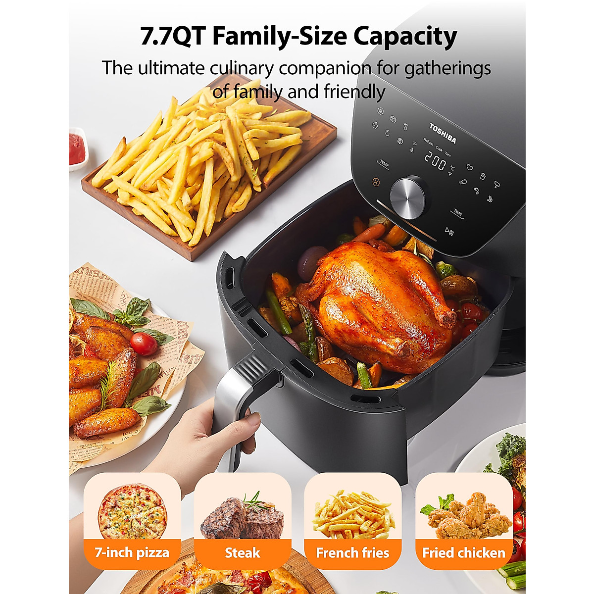 Toshiba 7.7QT Air Fryer, Family-Size for Quick and Easy Meals, 12 Preset Menus and Menu-IQ Function, 1°F Precision, 90% less fat, Double-sided Handles Easy Carrying