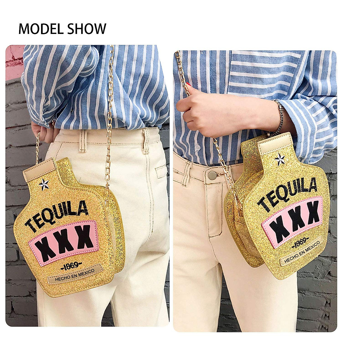 Lanpet Women Sequins Cross Body Bag Bottle Shaped Evening Chain Strap Shoulder Bag