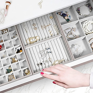 VEE&CO. Stackable Jewelry Organizer Trays for Drawers, Jewelry Drawer Inserts Container Display Case Storage for Earring Necklace Rings Bracelet with Removable Dividers