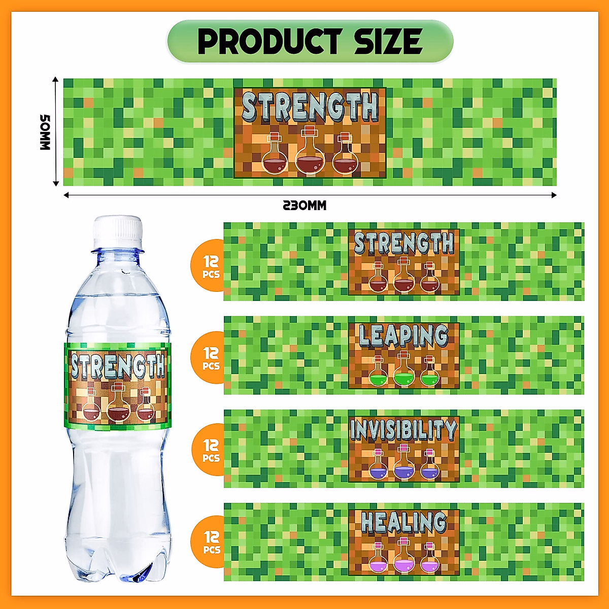48 Pieces Pixel Waterproof Bottle Labels Miner Bottle Labels Party Decorations Potions Bottle Pixel Themed Birthday Party Supplies for Kids Boys Girls Video Game Pixel Style Birthday Party Favors