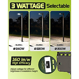 AULACE Parking Lot Light 240W/220W/200W Selectable, 38400LM (160LM/W) LED Parking Lot Light, 5000K LED Shoebox Light Dusk to Dawn Photocell, IP65 Street Light, Adjustable Arm & Slip Fitter in 1 Mount