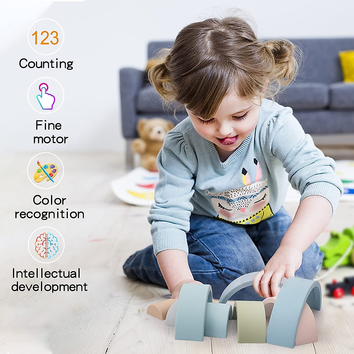 Macabaka Silicone Rainbow Stacker Nesting Puzzle Building Blocks Stacking Toys, Boho Baby Toys, 10 Pcs Educational Toys Learning Montessori Toys for Toddlers Kids, BPA-Free, Brown Series