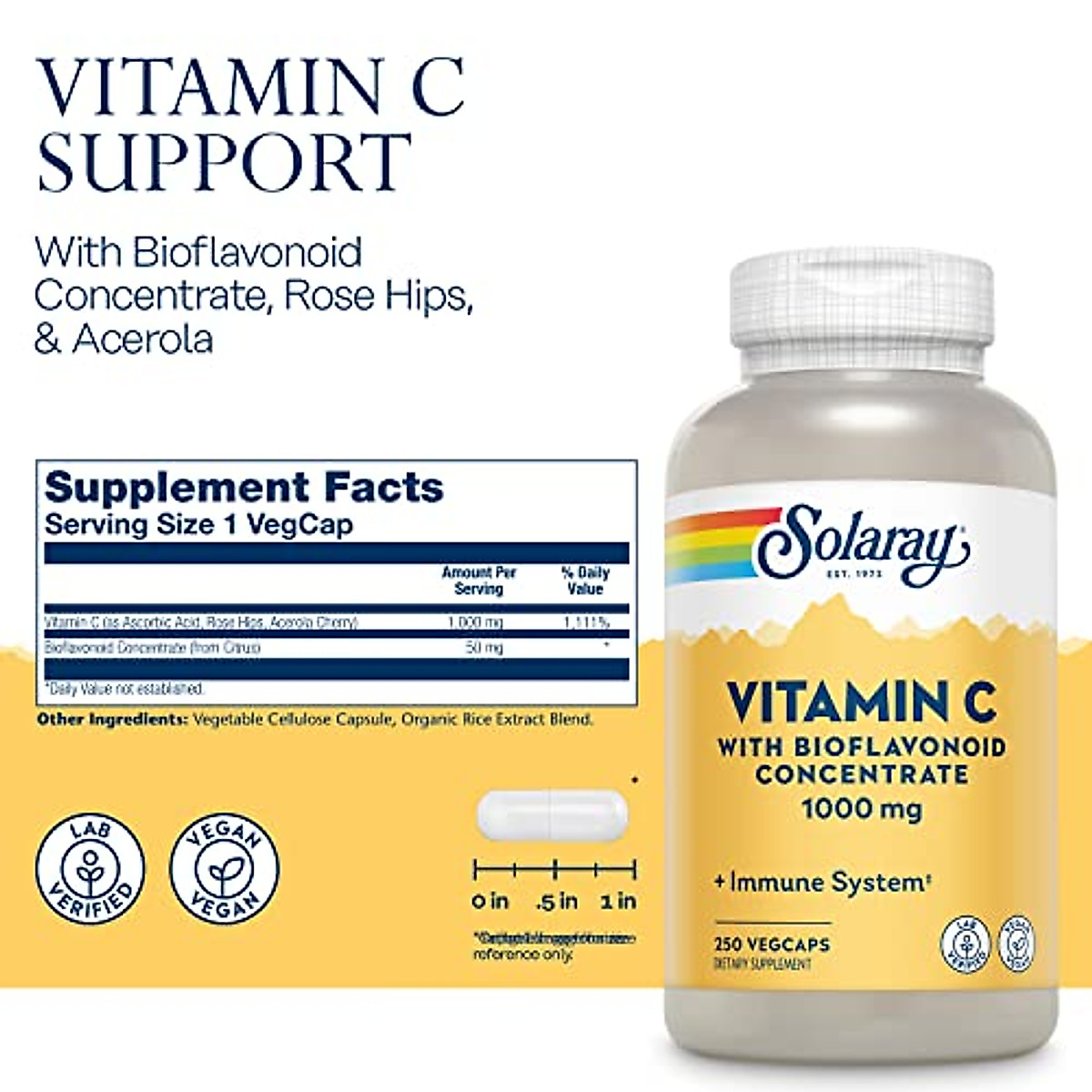 SOLARAY Vitamin C with Bioflavonoid Concentrate 1000mg, Healthy Immune Function, Skin, Hair & Nails Support, 250 VegCaps