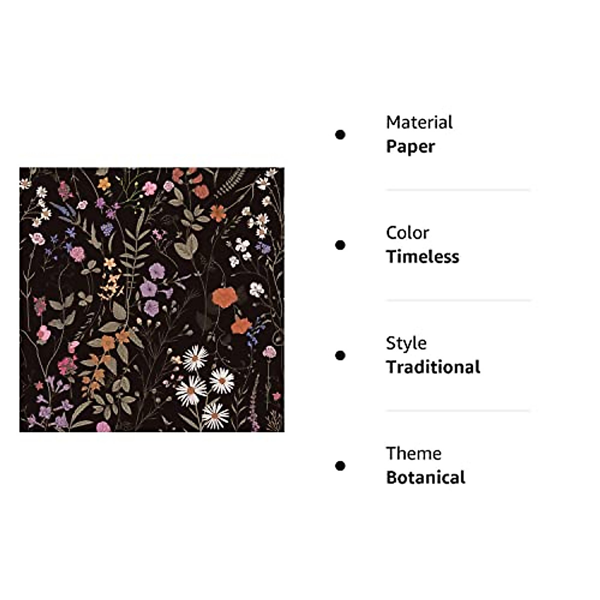 JiffDiff Dark Wild Flowers Wallpaper, Farm Floral, Peel and Stick, Self Adhesive Daisy Wall Stick 17.3"x118" Covering 14sq.ft