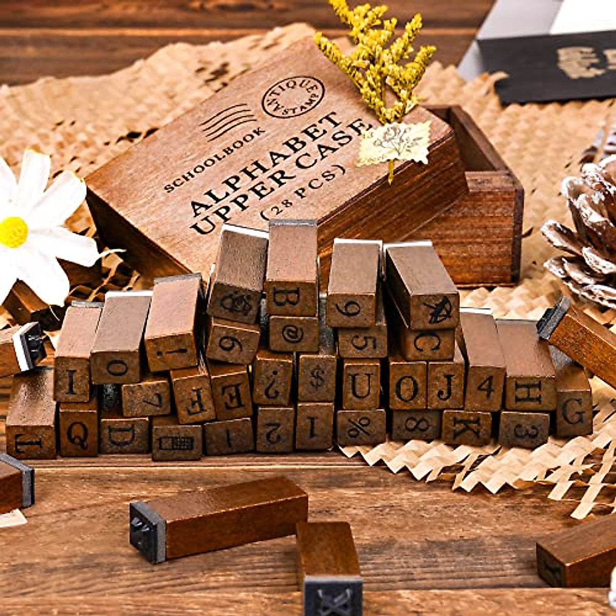 Toptime Letter Stamps, 56pcs Alphabet Stamps with Weeks and Weather, Number Stamps with Wooden Case, Vintage Symbol Wood Stamps with Ink Pads Rubber Stamps for Crafting, Card Making, Scrapbooking