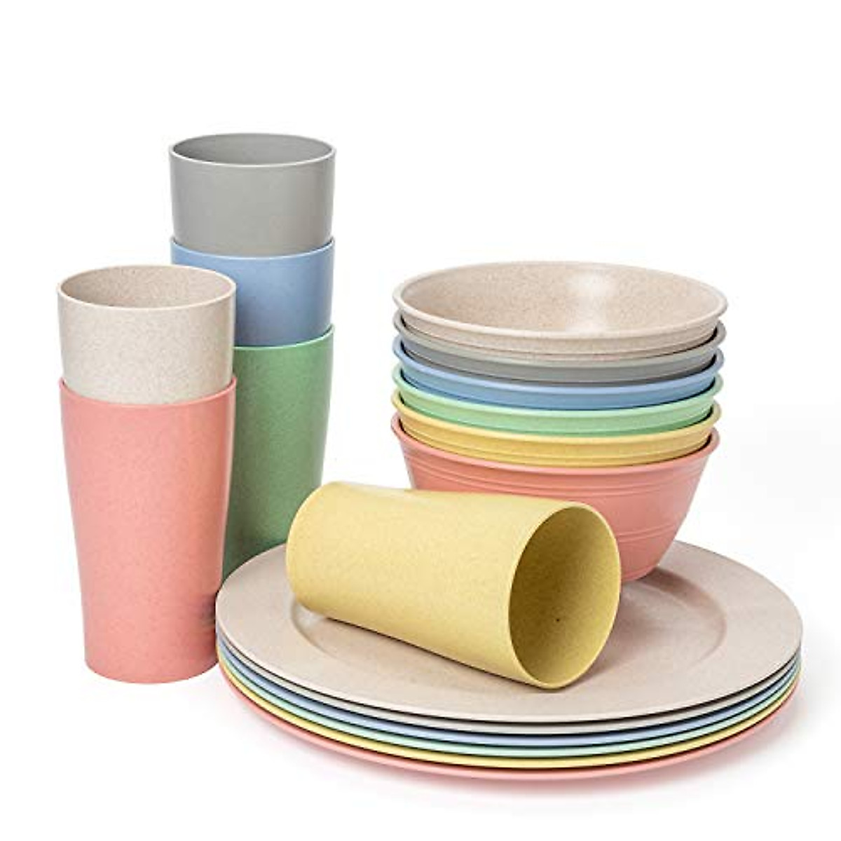 Euodia Wheat Straw Plastic Dinnerware Sets for 6 (Dinner Plates, Bowls & Cups) - Dishwasher & Microwave Safe – Unbreakable Reusable Lightweight Eco Friendly BPA Free – Outdoor Camping Dishes