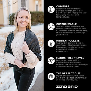 Zero Grid Infinity Fashion Scarf with Hidden Pockets Converts to Blanket and Wrap Perfect for Travel