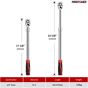 MAXPOWER 1/2-Inch Drive Extendable Ratchet Wrench, 1/2 Inch Drive Ratchet Socket Wrench, Quick Release 72-Tooth Reversible Ratcheting Feature(17 1/8" - 22 5/8" Length)