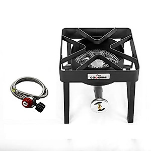 COOKAMP High Pressure Banjo 1-Burner Outdoor Propane Burner Gas Cooker with 0-30 PSI Adjustable Regulator and Steel Braided Hose SA1250