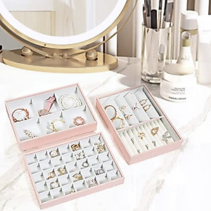 Vee Stackable Jewelry Tray for Drawer, High-Capacity Jewelry Drawer Dresser Storage Organizer for Earring, Ring, Necklace(3 pack with lid, Pink)