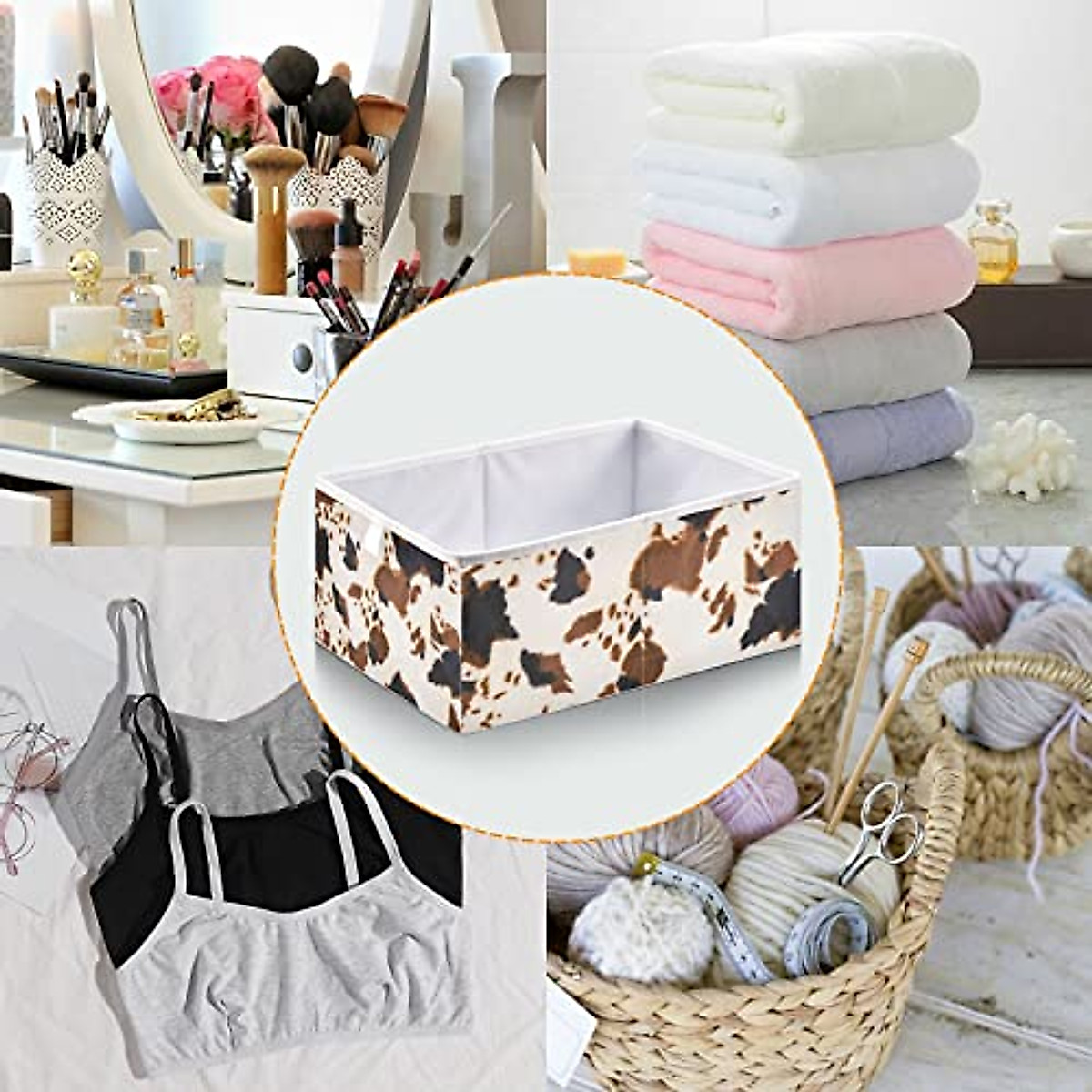 Cube Storage Bins 11 x 11 Cow Printed Storage Cubes for Shelf Closet Collapsible Cubby Organizer Basket Black Brown