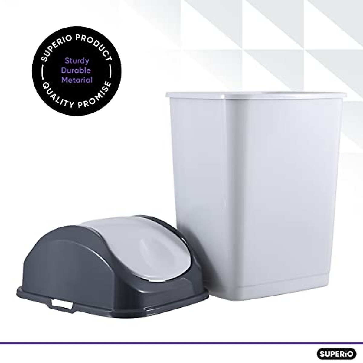 Superio 1.25 Gal Mini Plastic Trash Can with Swing Top Lid, Small Grey Waste Bin for Countertop, Desk, Vanity, Bathroom 5 Quart (WhiteSmoke/Grey)