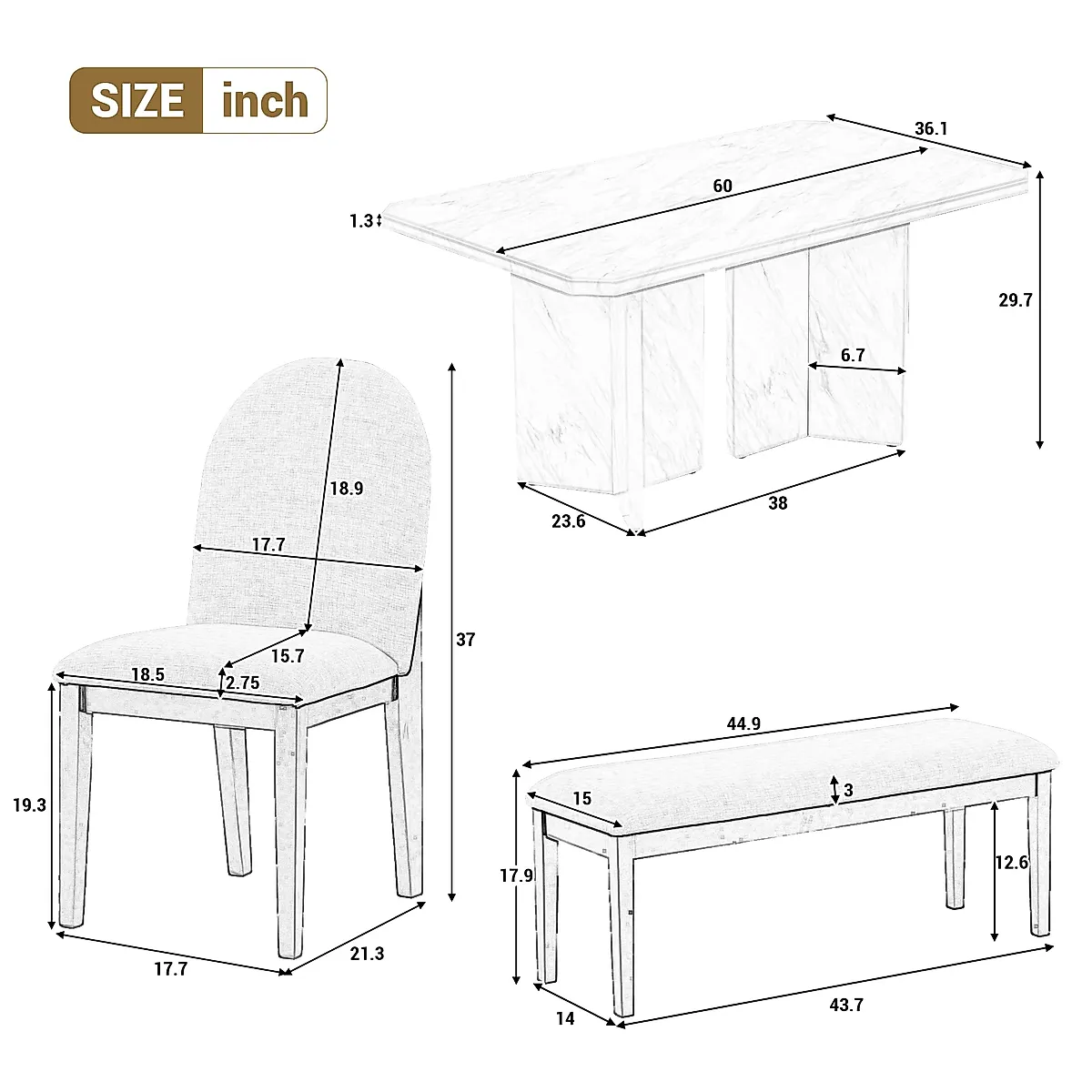 BIADNBZ 6-Piece Dining Table Set for 6 with Faux Marble Tabletop and 4 Upholstered Dining&Chairs & 1 Bench for Kitchen Funiture,Family, 36.1 inch, White