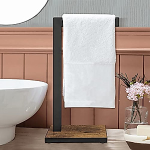 ELITEROO Hand Towel Holder for Bathroom, Hand Towel Stand with Wood Base, L-Shape Hand Towel Rack for Vanity Countertop, Kitchen Counter, Rustic Black and Brown