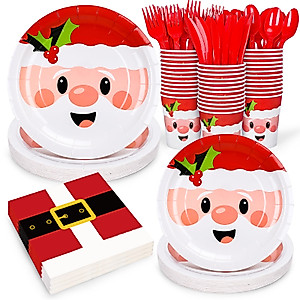 Whaline 175Pcs Christmas Party Tableware Set 7 and 9 Inch Santa Claus Paper Plates 6.5 Inch Santa Belts Napkins Cute Xmas Disposable Cups and Red Fork Spoon Knife Kit for Xmas Holiday Dinner Supplies