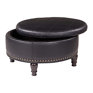 INSPIRED by Bassett OSP Home Furnishings Augusta Round Storage Ottoman with Decorative Nailheads and Flip Over Lid with Serving Tray Surface, Black Faux Leather