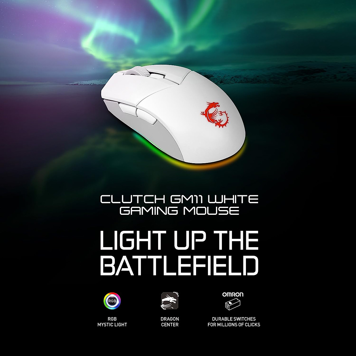 MSI Clutch GM11 White Gaming Mouse, 5000 DPI, 10M Omron Switches, Optical Sensor, Symmetrical Ergonomic Design, RGB Mystic Light Compatible,Black