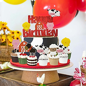 Wolpark Glitter Farm Animal Cake Toppers Farm Animal Cupcake Toppers 25 PCS Farm Birthday Party Supplies Decorations for Baby Shower Kids Birthday Cartoon Cupcake Topper Picks