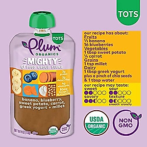 Plum Organics Mighty 4 Organic Toddler Food - Banana, Blueberry, Sweet Potato, Carrot, Greek Yogurt, and Millet - 4 oz Pouch (Pack of 12) - Organic Fruit and Vegetable Toddler Food Pouch