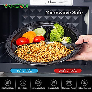 YANGRUI Reusable Plastic Plate, 9 Inch 3 Compartments 150 Pack Food Grade Meterial BPA Free Black Dinner Plates