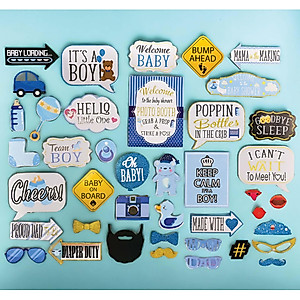 Boy Baby Shower Photo Booth Props - 41-pc Photo Booth Kit with 8 x 10-Inch Sign, 60 Adhesive Pads, 45 Sticks - Picture Props for Baby Shower - Baby Shower Boy Photo Booth Props