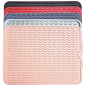 Silicone Heat Resistant Drain Pad Dish Draining Mat Non Slip Drying Pad Dry Fast Sink drying mat for Kitchen Black Grey Pink Red (Pink)