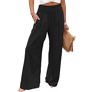 ERTUPE Women's Linen Palazzo Pants Boho Wide Leg High Waist Lounge Pant Elastic Casual Loose Solid Trousers with Pockets A-Black