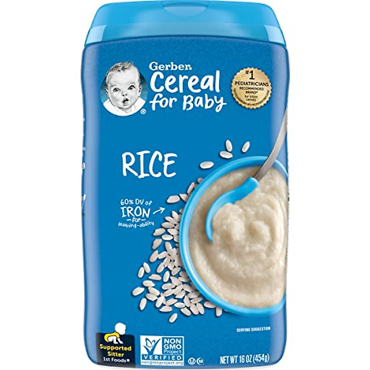 Gerber Cereal for Baby 1st Foods Rice Cereal, Made with Essential Nutrients for Supported Sitters, Non-GMO Project Verified, 16-Ounce Canister (Pack of 2)