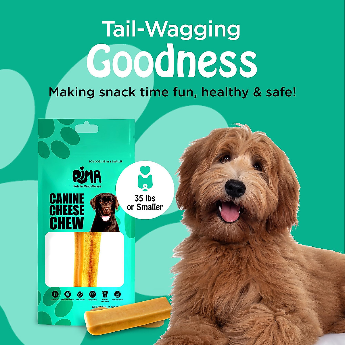 PIMA - Canine Cheese Chews, Natural Yak Chews for Dogs 35 lbs or Smaller, Lactose-Free Yak Cheese Dog Chews, Long Lasting Dog Chews with Protein and Vitamin E, D and A, Medium, 1 Chew, 2.3 oz