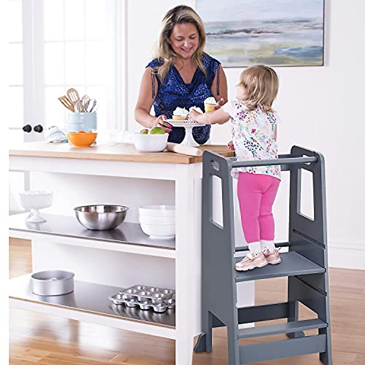 Kid's Wooden Kitchen Step Stool, Adjustable Platform Standing Tower, with Safety Guardrail Child Studying Tower, Toddler Stool for Bathroom, Cooking Helper（Grey）