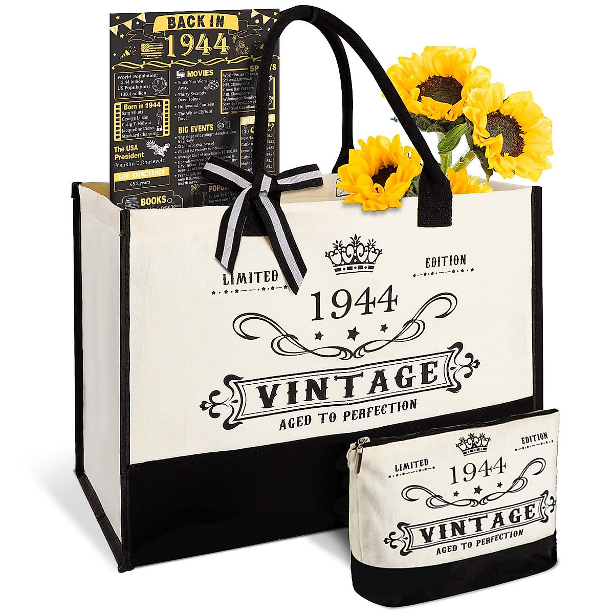 80th Birthday Gifts for Women Canvas Tote Bag Travel Gear, Unique 80 Years Old Birthday Gifts for Mom Wife Aunt Friends Her Turning 80, Vintage 1944 Beach Bag & Cosmetic Bag & Back in 1944 Poster