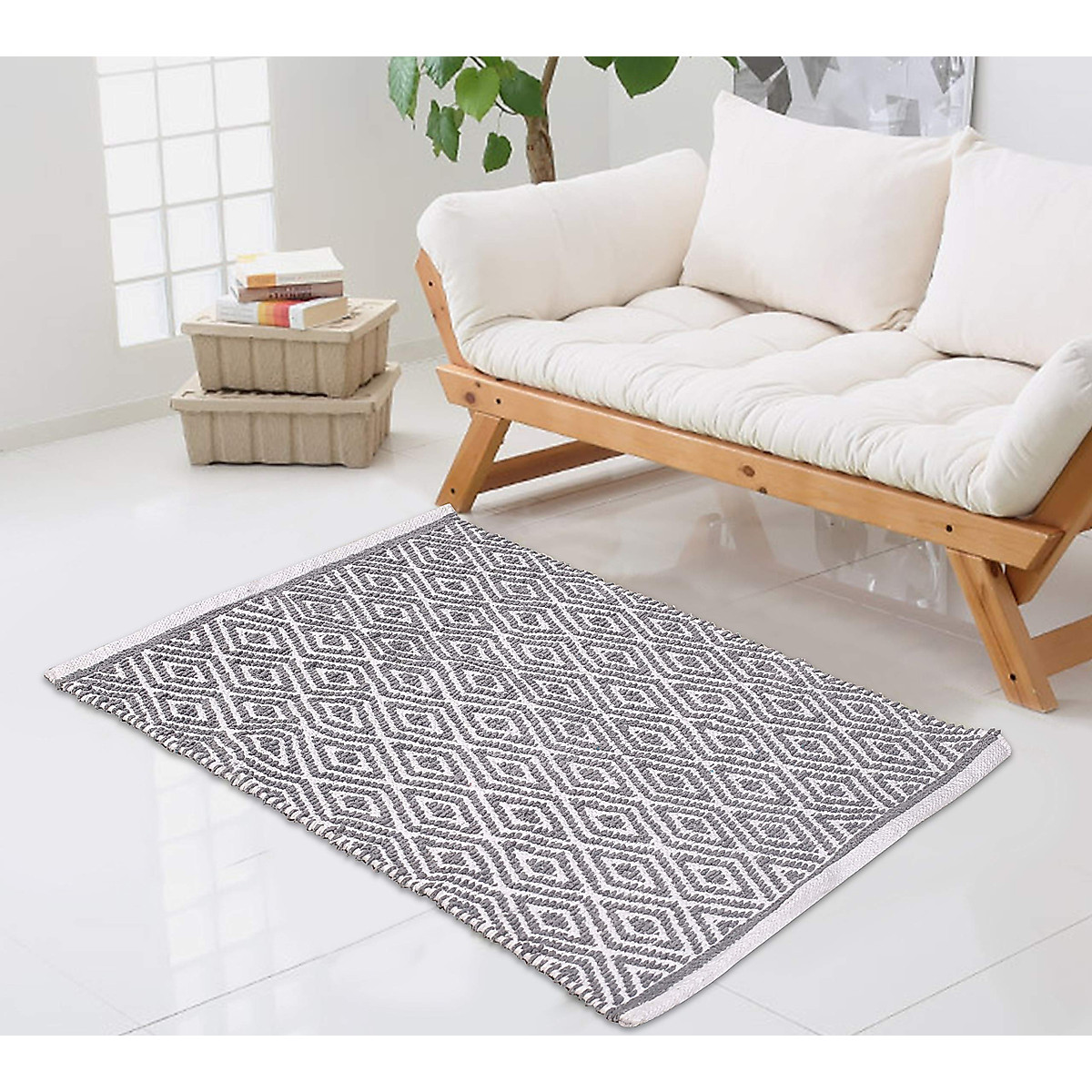 THE BEER VALLEY Cotton Diamond Rug 21x34 Inches - Grey, Reversible Machine Washable Accent Rugs for Bedroom, Kitchen, Entryway, Bathroom