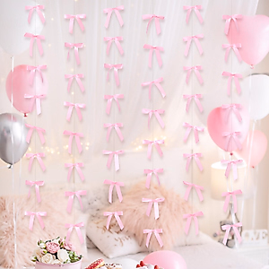 Pink Satin Ribbon Bow Hanging Garland, Bow Party Hanging Decortions, Girls Bow Birthday Baby Shower Decorations, Coquette Birthday Decorations, Tying The Knot Bridal Shower Bachelorette Party Decor