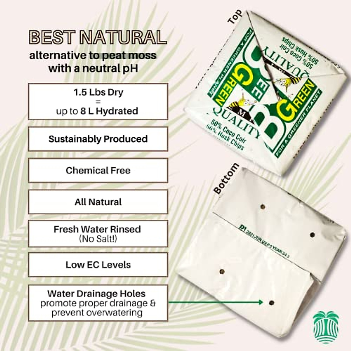 Bee Green Coco Coir Brick, Pure Coco Peat, All Natural Potting Soil for House Plants, Plant Soil Substitute for Peat Moss and Perlite, 1 Kilogram