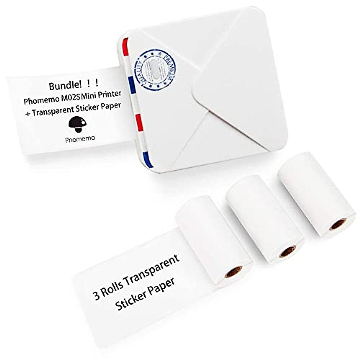 Phomemo M02S Mini Thermal Printer- Bluetooth Thermal Photo Printer with 3 Rolls Transparent Sticker Paper, Compatible with iOS + Android for Plan Journal, Study Notes, Art Creation, Work, Gift